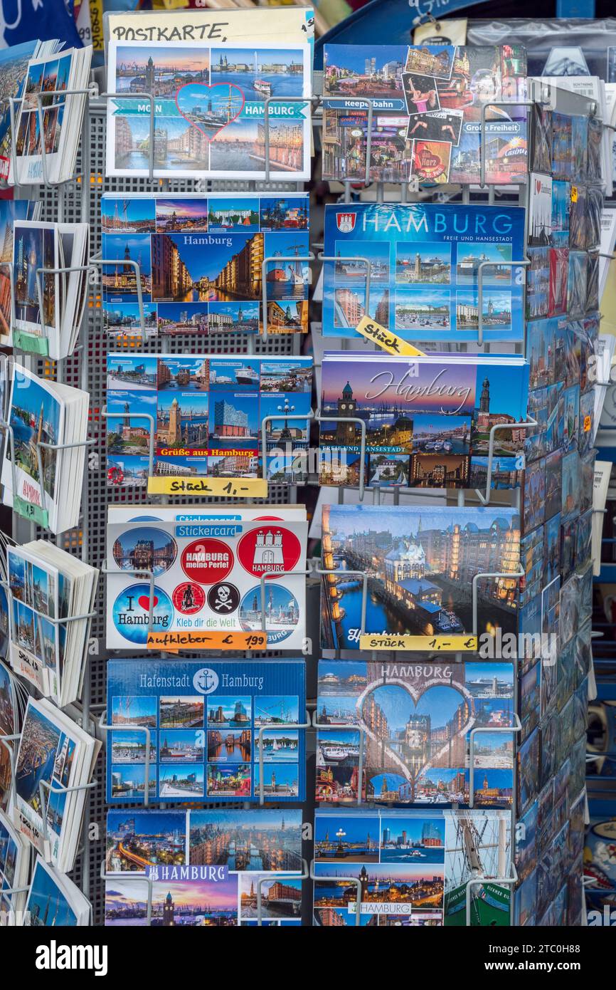 A rack of postcards featuring sights of Hamburg, Germany Stock Photo ...