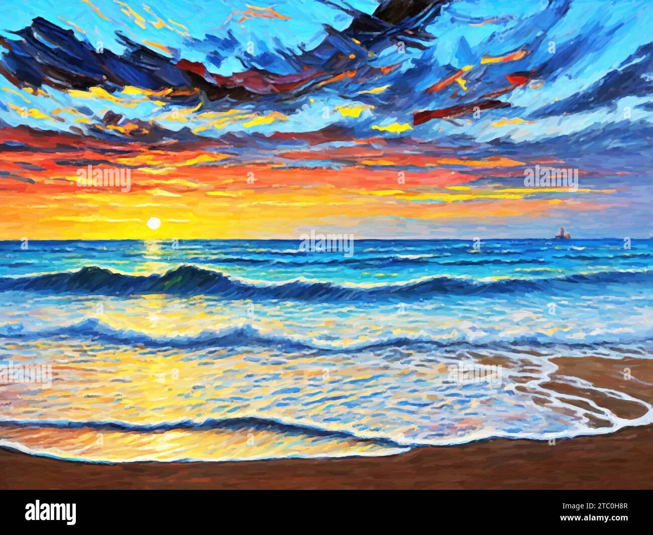 The glow of the sunset on the horizon Painting (oil on canvas Stock ...