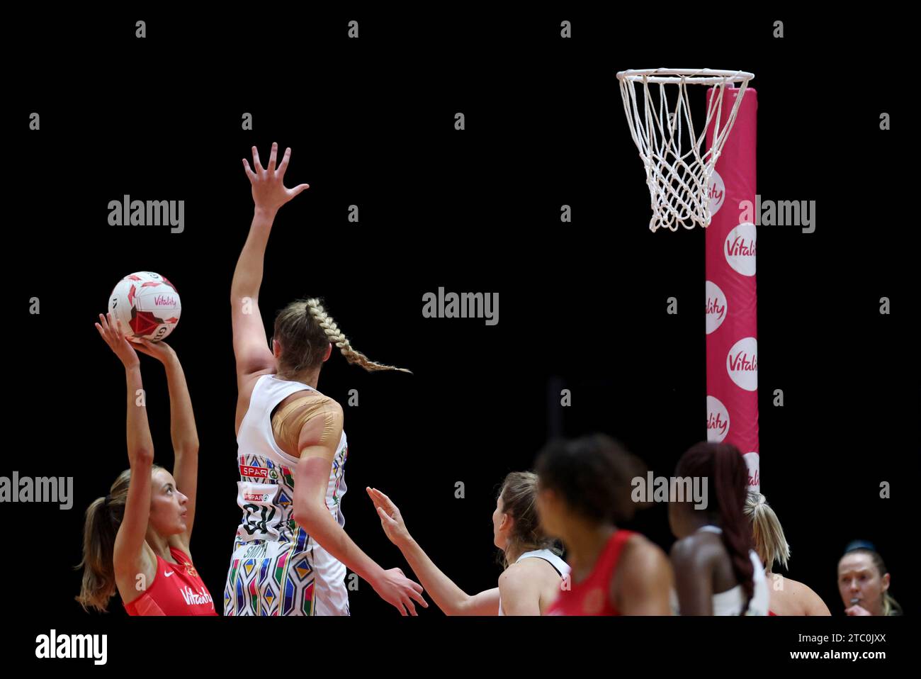 Englands Berri Neil Takes A Shot During The Vitality Netball International Series Match At The
