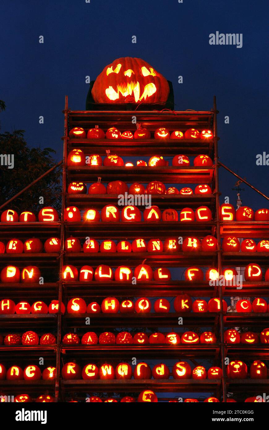 Hundreds of carved pumpkins tower into the sky at night during an ...
