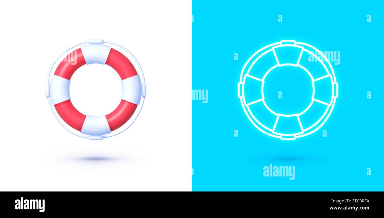 Red lifebuoy in 3d and Neon style on white background. Life guard sea ...