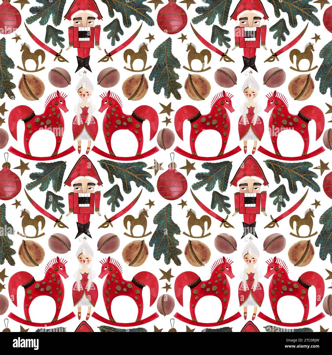 Nutcracker and nuts. Seamless watercolor pattern for New Year and ...