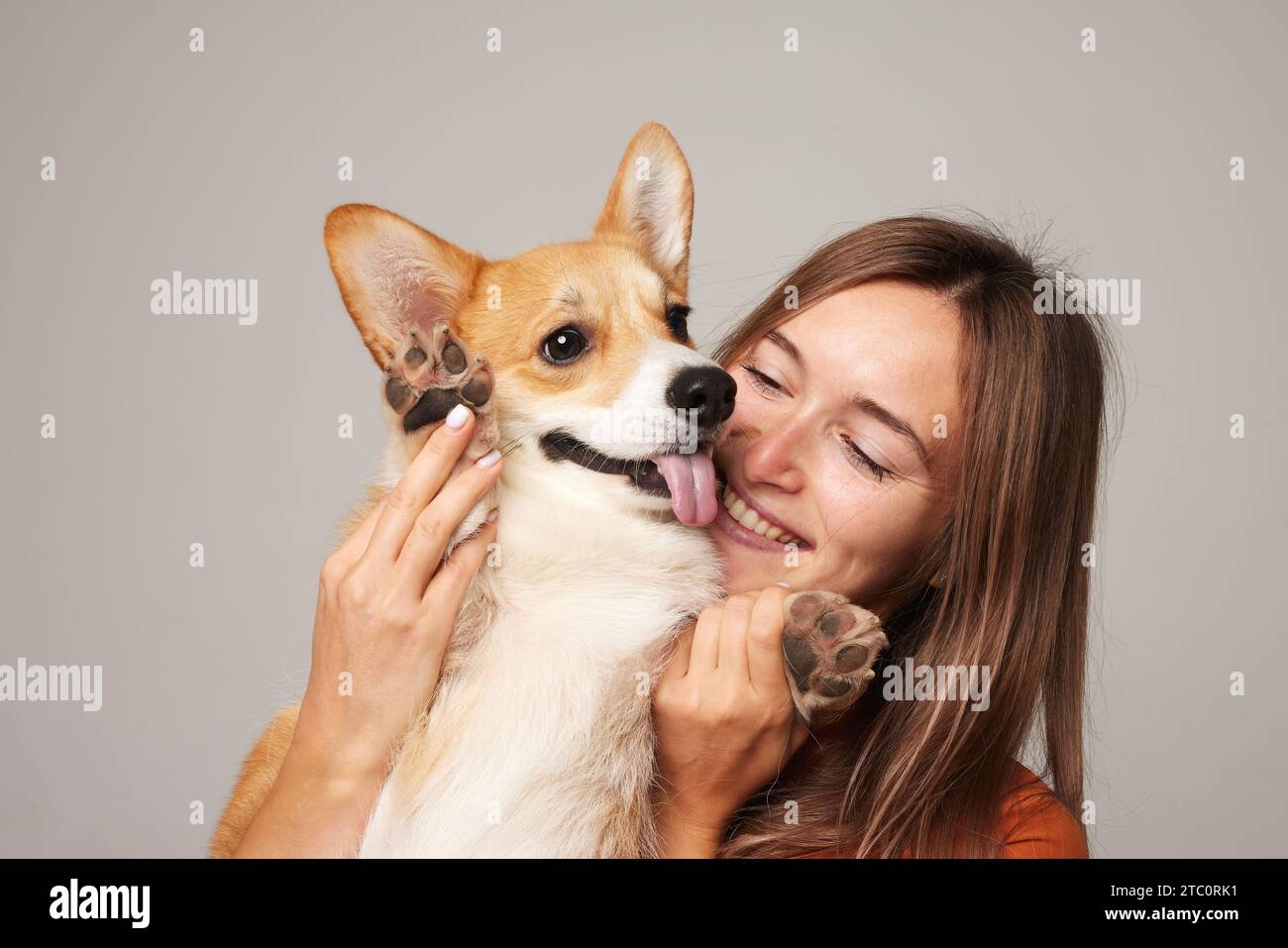 a brunette girl holds and hugs a red corgi dog on a clean light ...