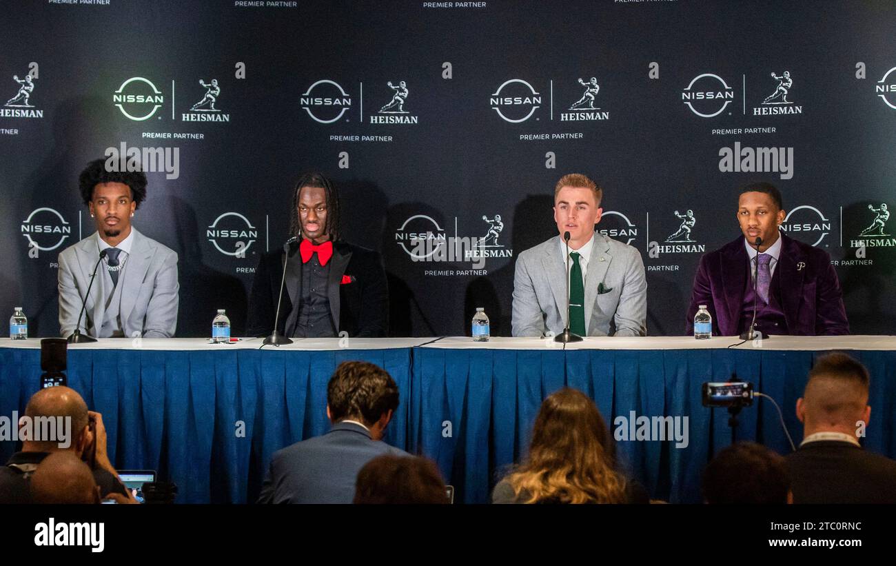 Heisman Trophy finalists, from left, LSU quarterback Jayden Daniels ...
