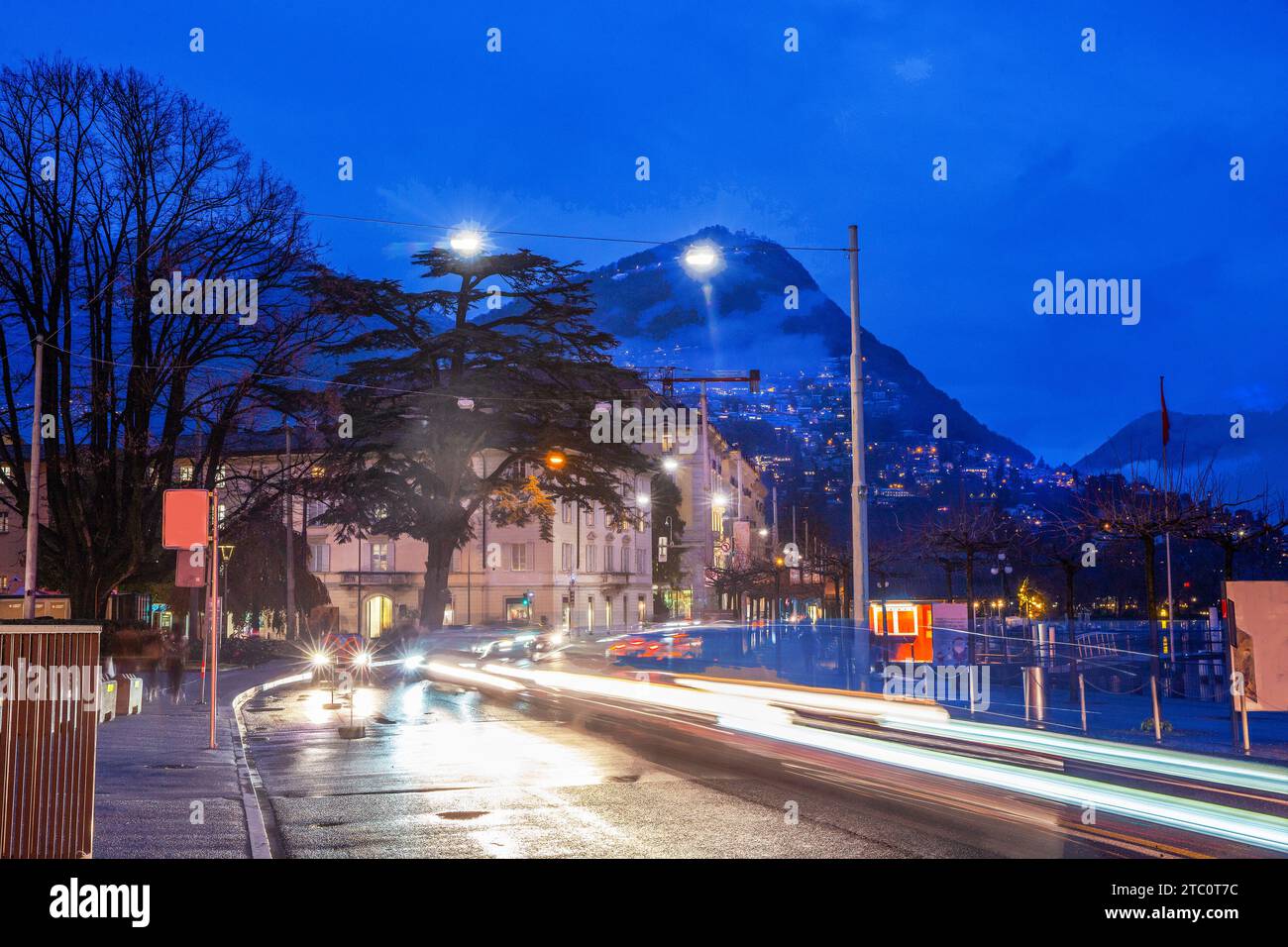 Fantastic view on illuminated city Lugano, embankment Giocondo ...