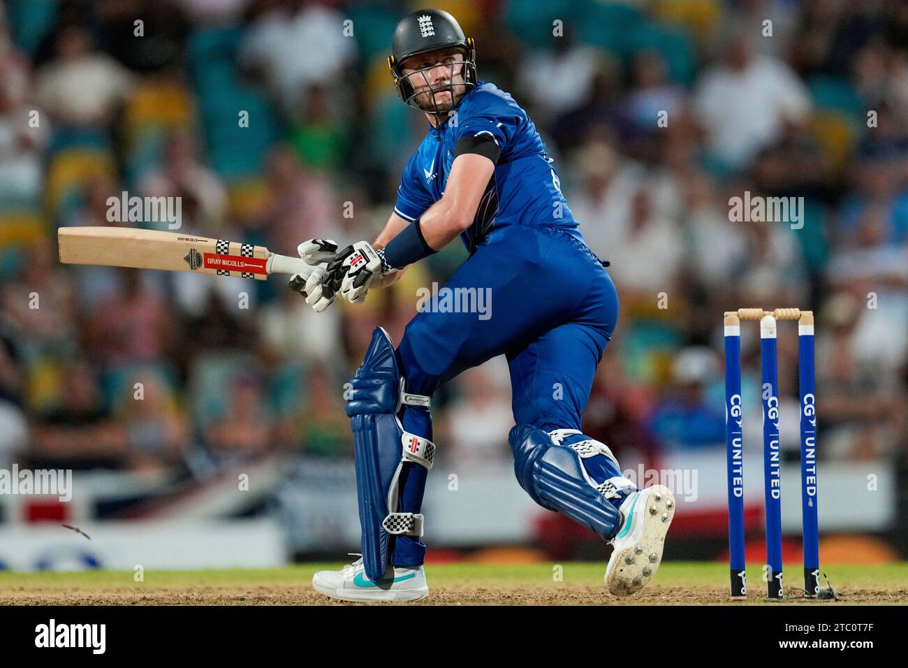 England's Gus Atkinson plays a shot against West Indies during the ...