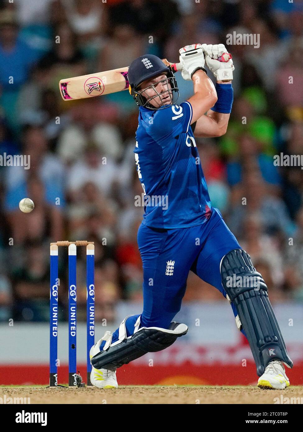England's Mathew Potts plays a shot against West Indies during the ...