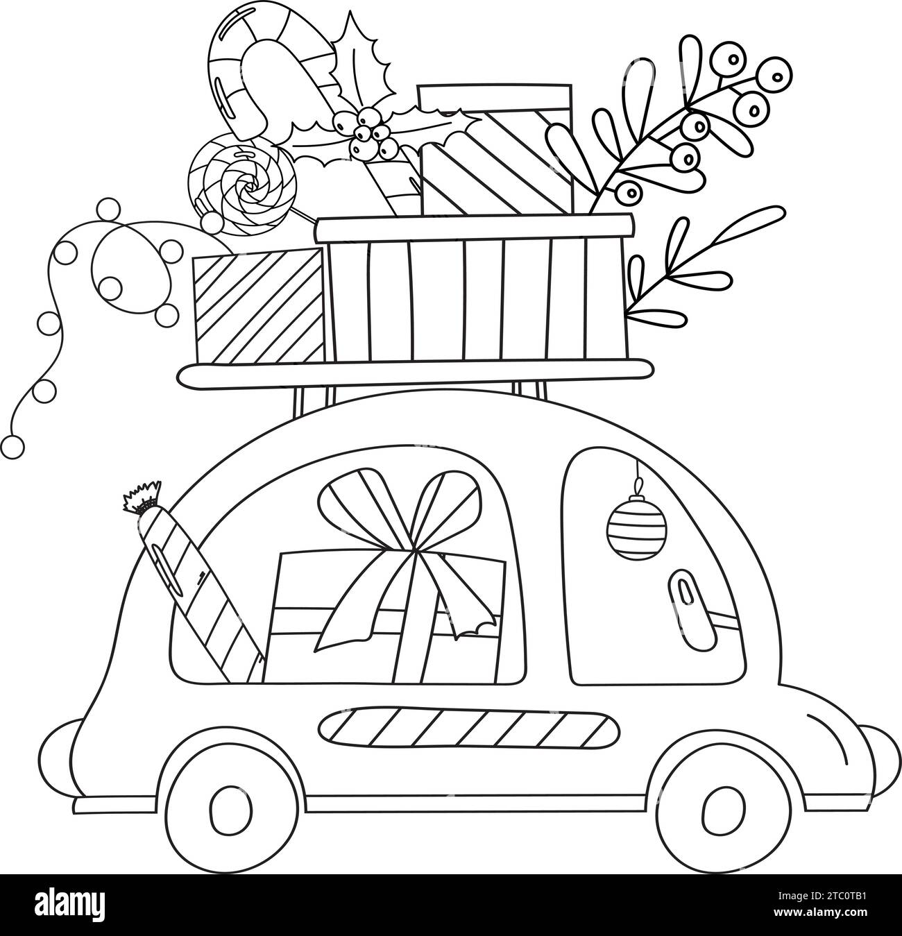 Coloring Page A Festive Illustration Of A Car Carrying Gifts And ...