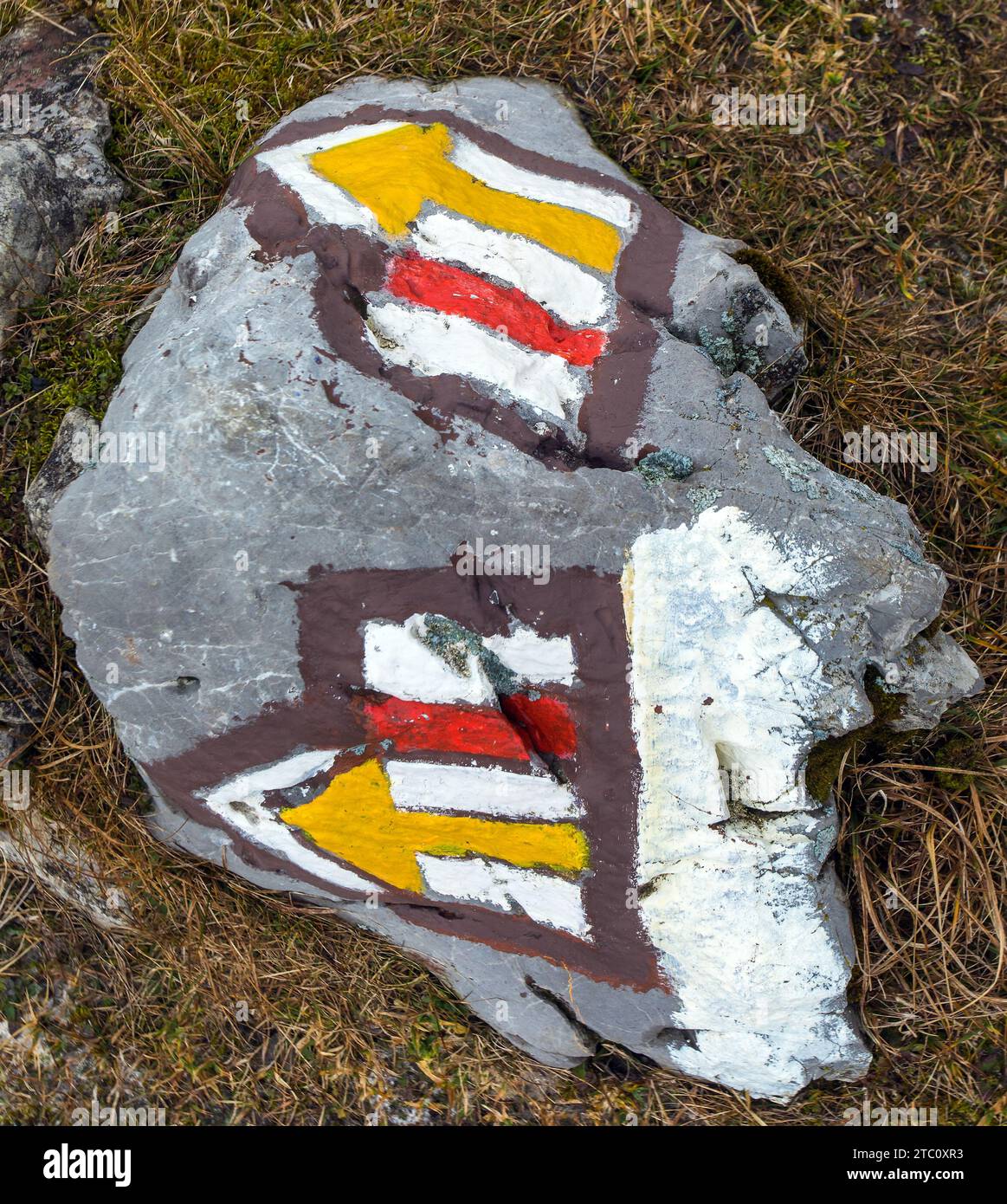 red and yellow tourist signs symbols with arrows is used in Czech ...