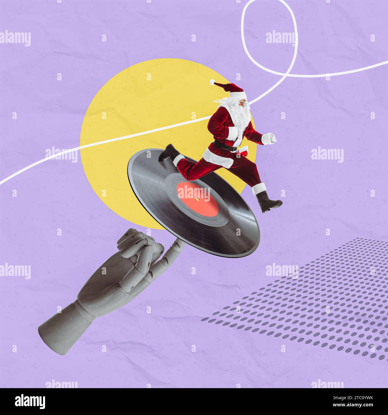 Christmas art collage. Mannequin hand touching vinyl record with ...