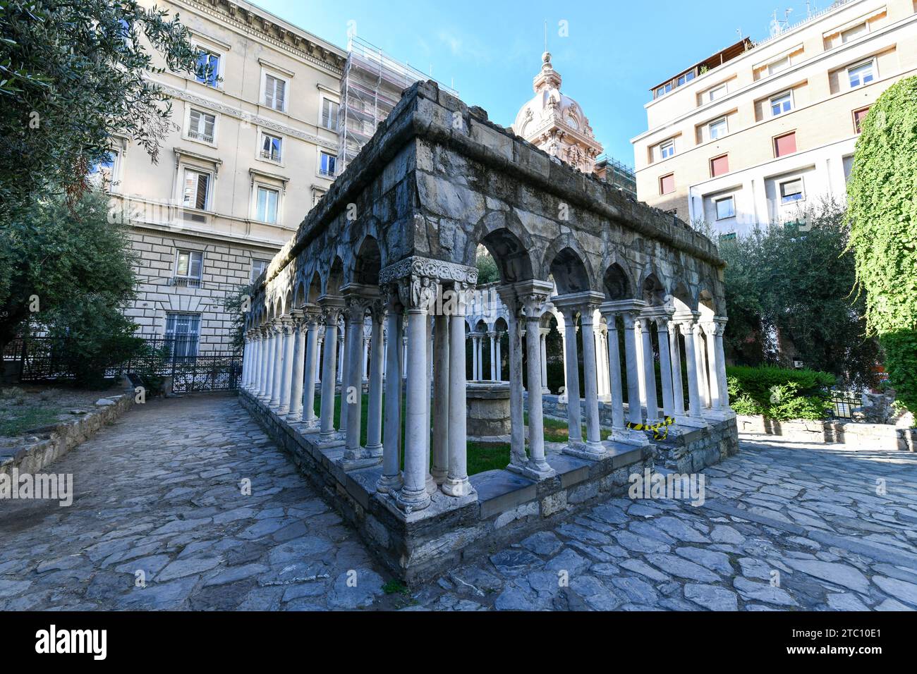 Columns of St Andrew cloister ruins in historical centre of Genoa ...