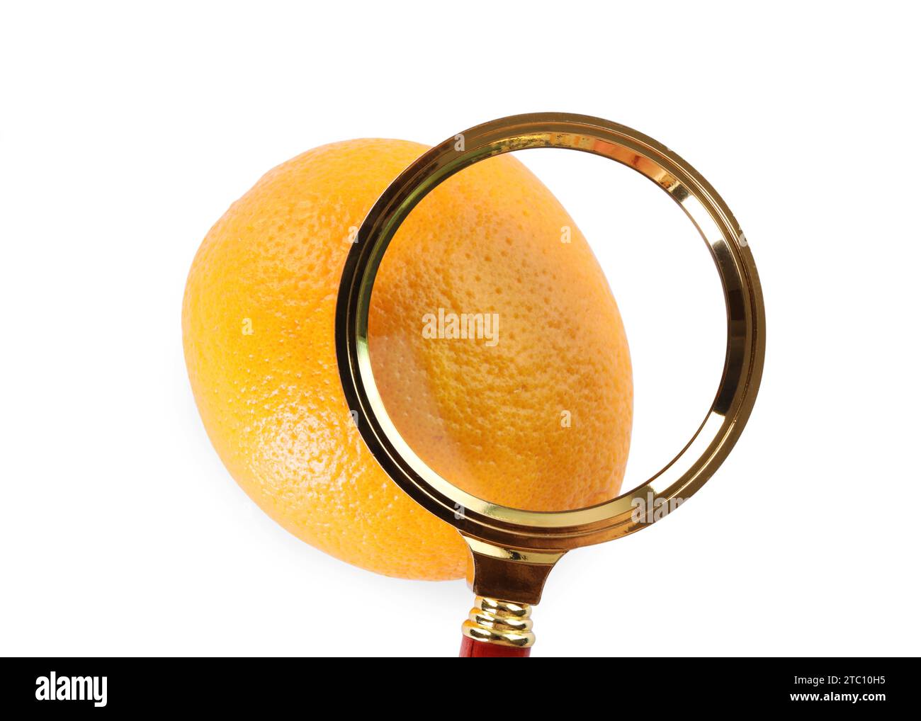 Cellulite problem. Orange and magnifying glass isolated on white, top ...