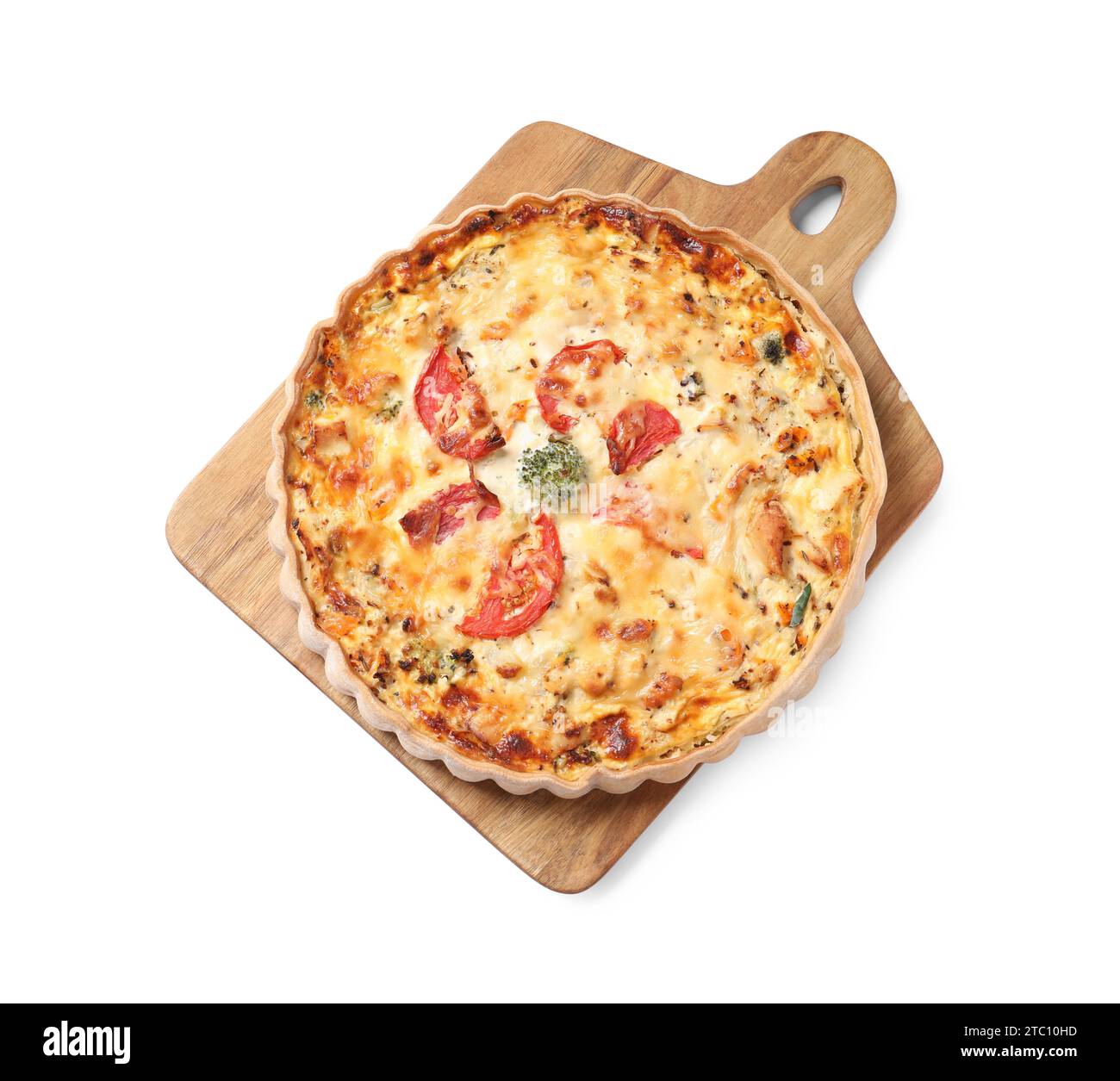 Tasty quiche with tomatoes and cheese isolated on white, top view Stock ...