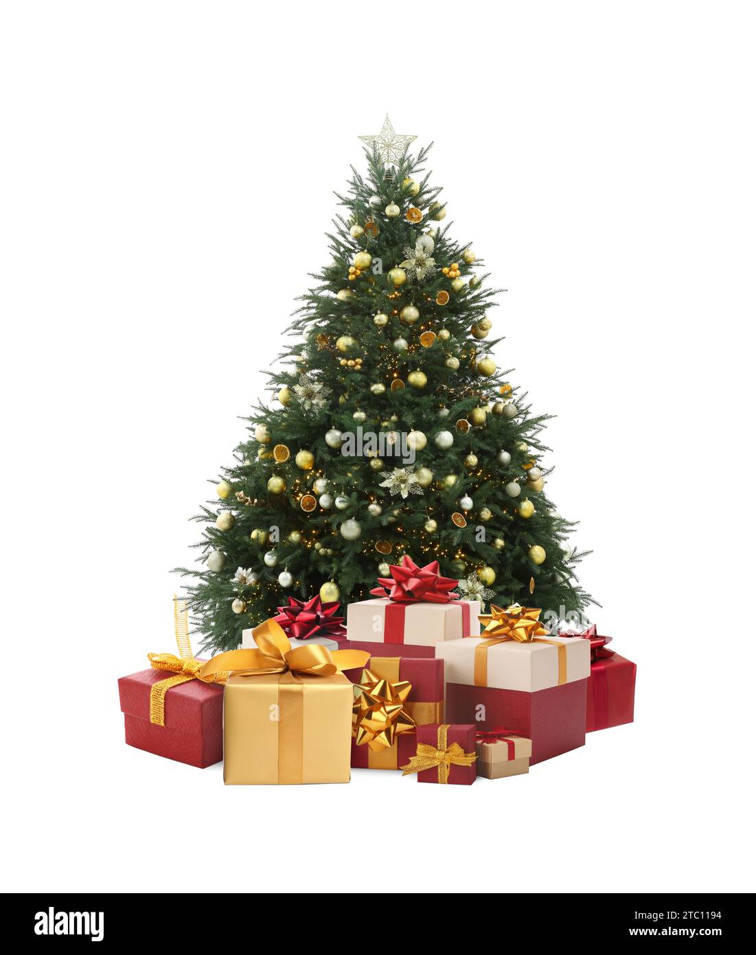 Beautiful Christmas tree with many gift boxes under on white background ...