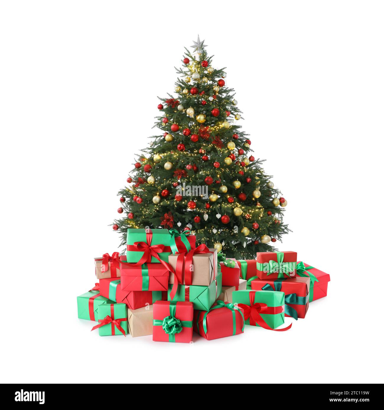 Beautiful Christmas tree with many gift boxes under on white background ...