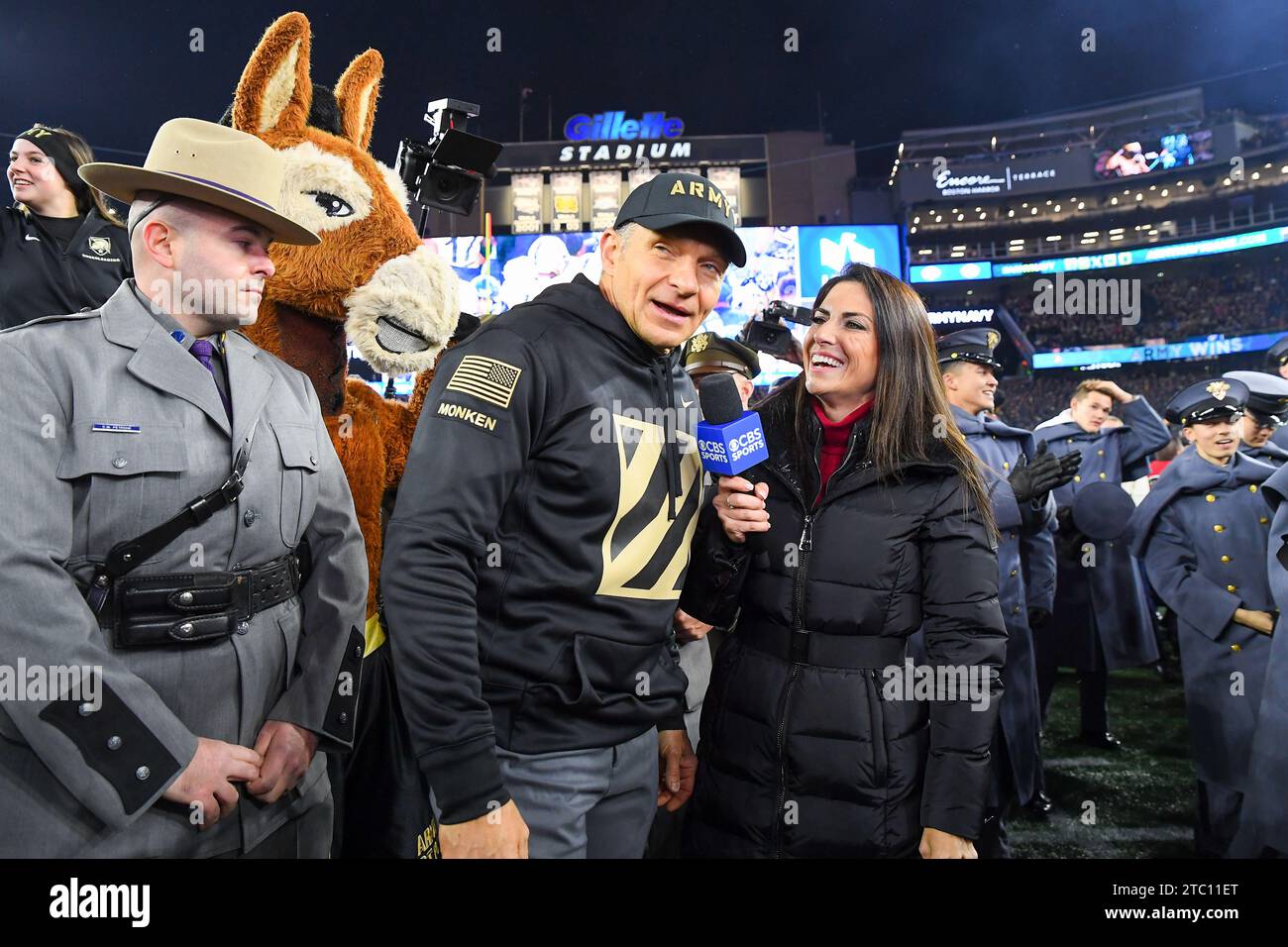 Foxborough, MA, USA. 9th Dec, 2023. Jenny Dell interviews Army Black ...
