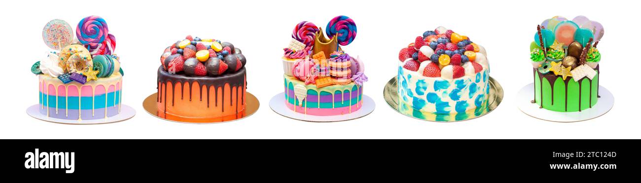 Assorted isolated blue, red, green, purple and yellow birthday cakes on ...