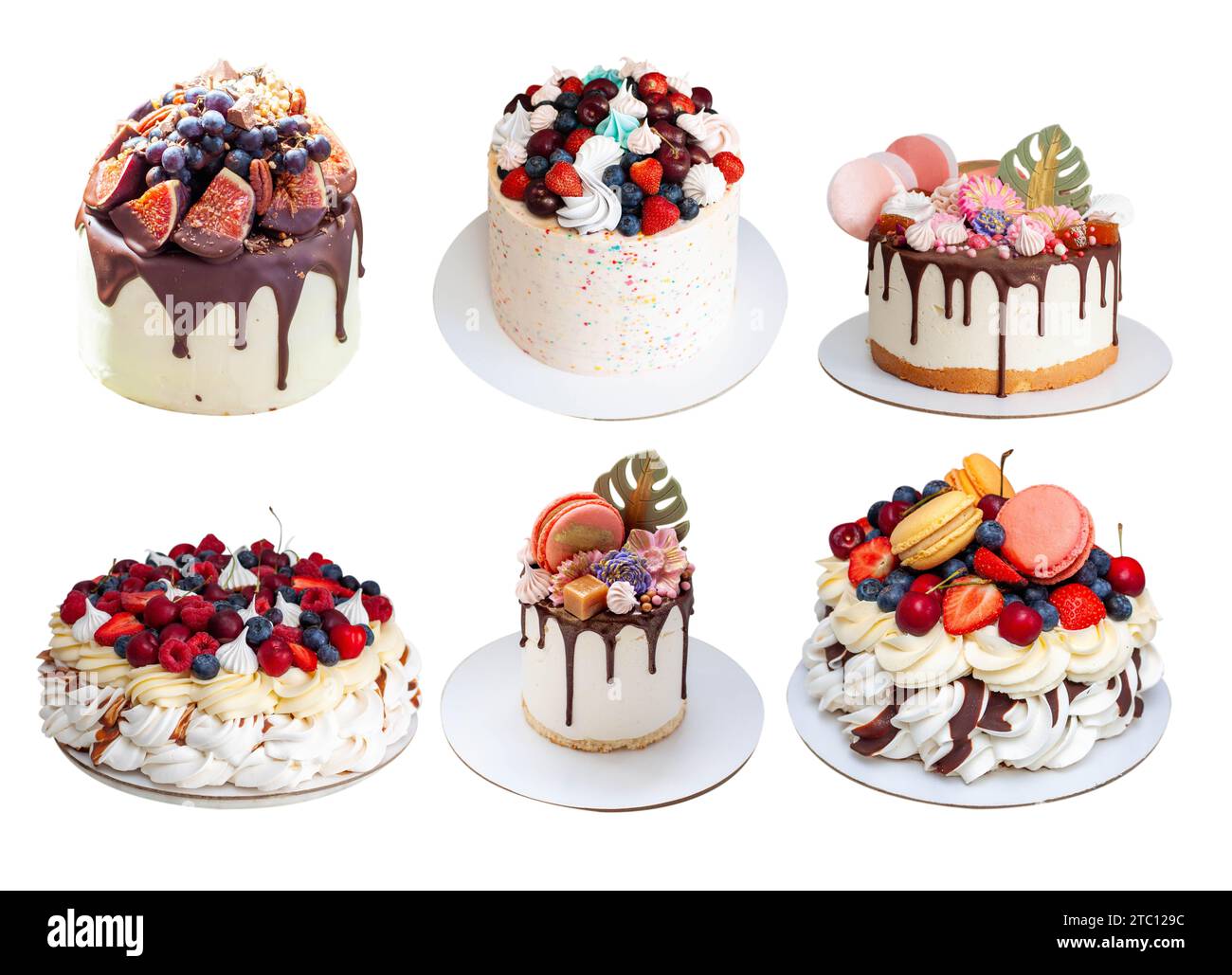 Set of different berry cakes decorated with melted chocolate, fresh ...