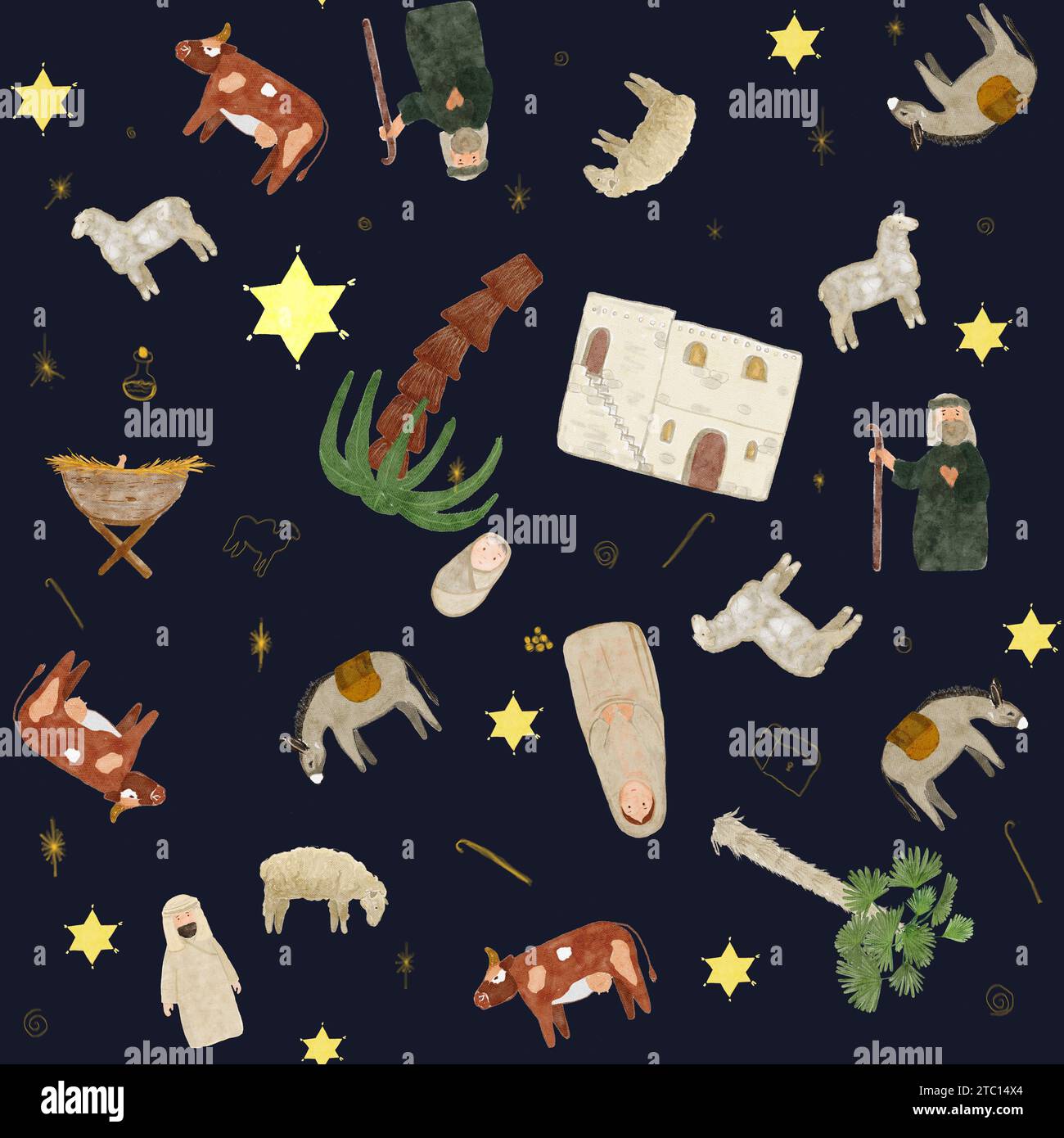 Watercolor Christmas nativity scene seamless multidirectional pattern ...