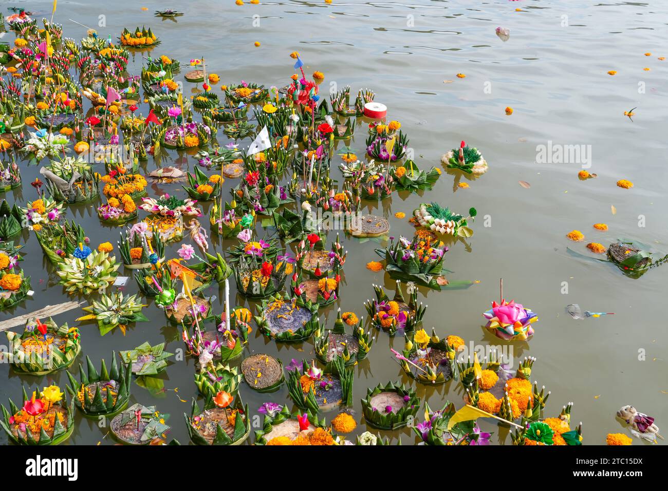 Floating gifts to the Gods in the form of flowers and crafts on the ...