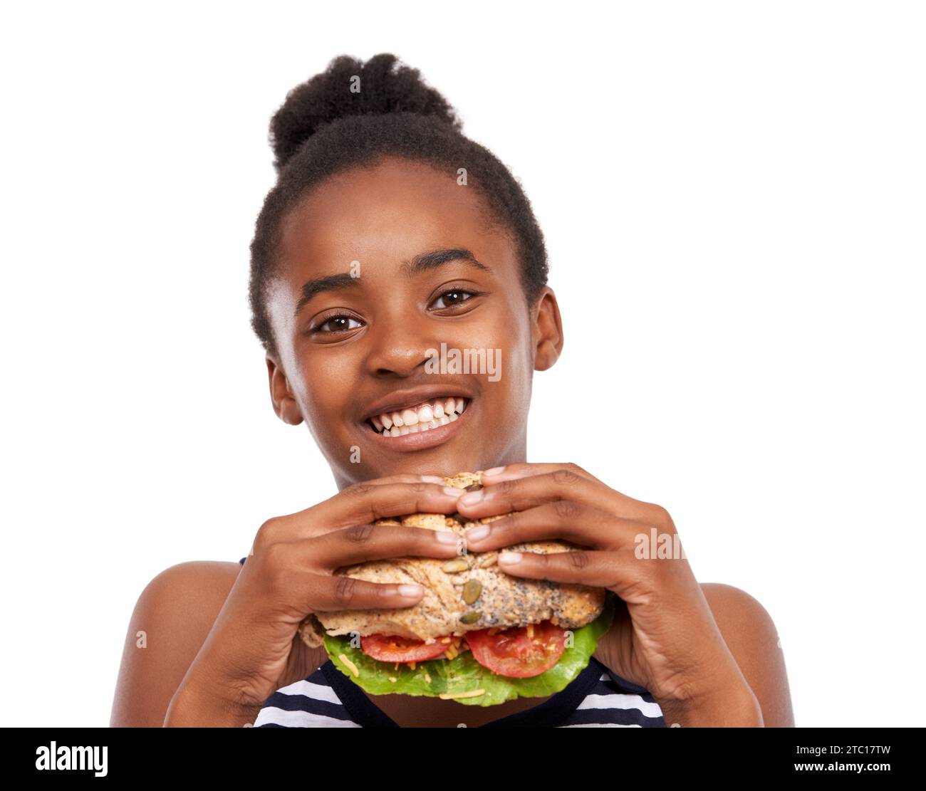 Sandwich, portrait and woman eating fast food and happy with lunch meal ...