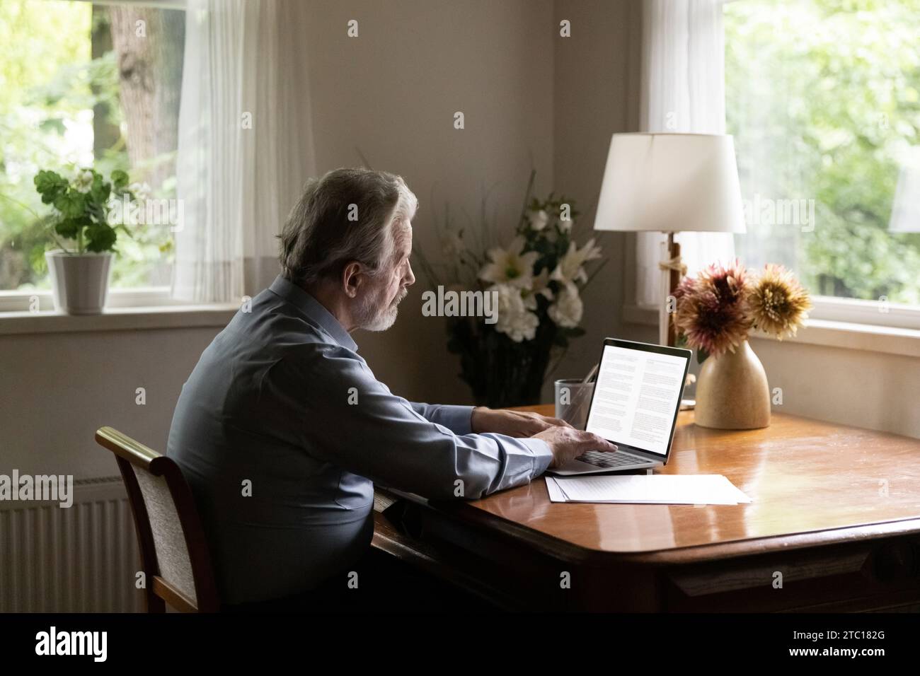 Mature aged man writer typing on laptop working on book Stock Photo - Alamy