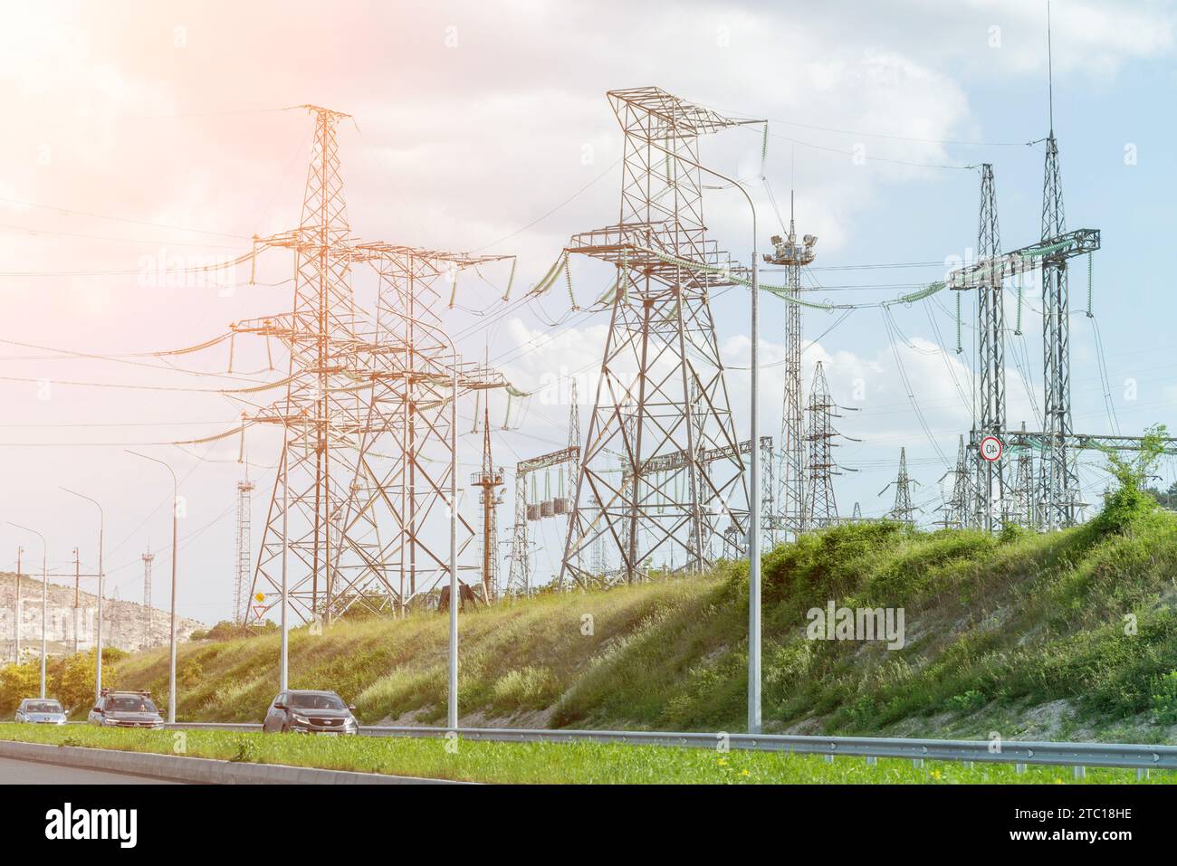 High voltage towers with sky background. Power line support with wires ...