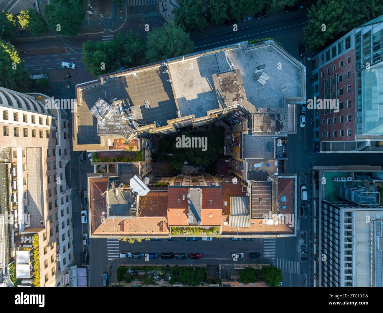 Milan skyline, Italy. Aerial view of Milan from above looking down ...
