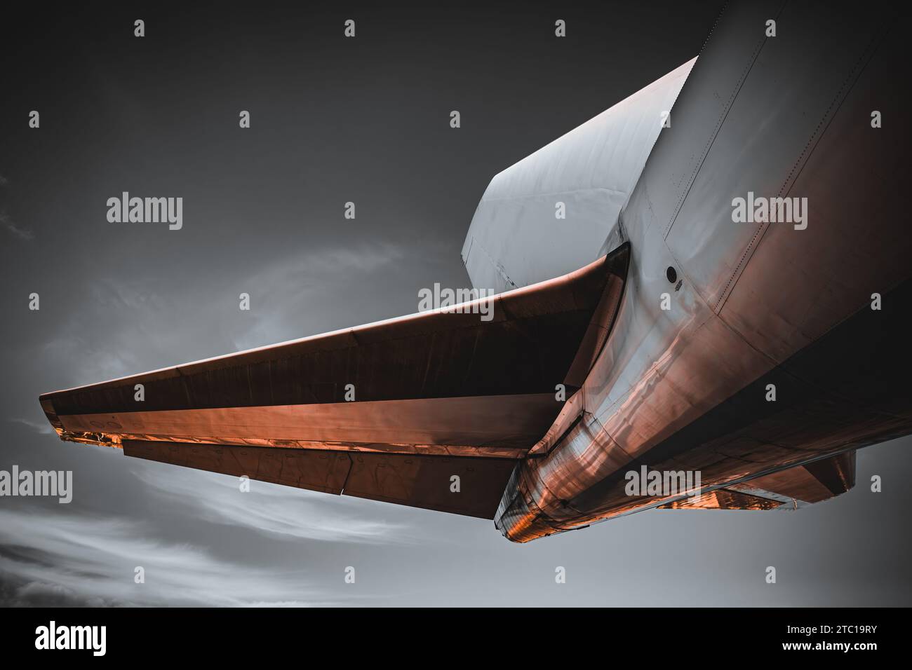 An abstract view from below photo of the tail of Jumbo jet Boeing model ...