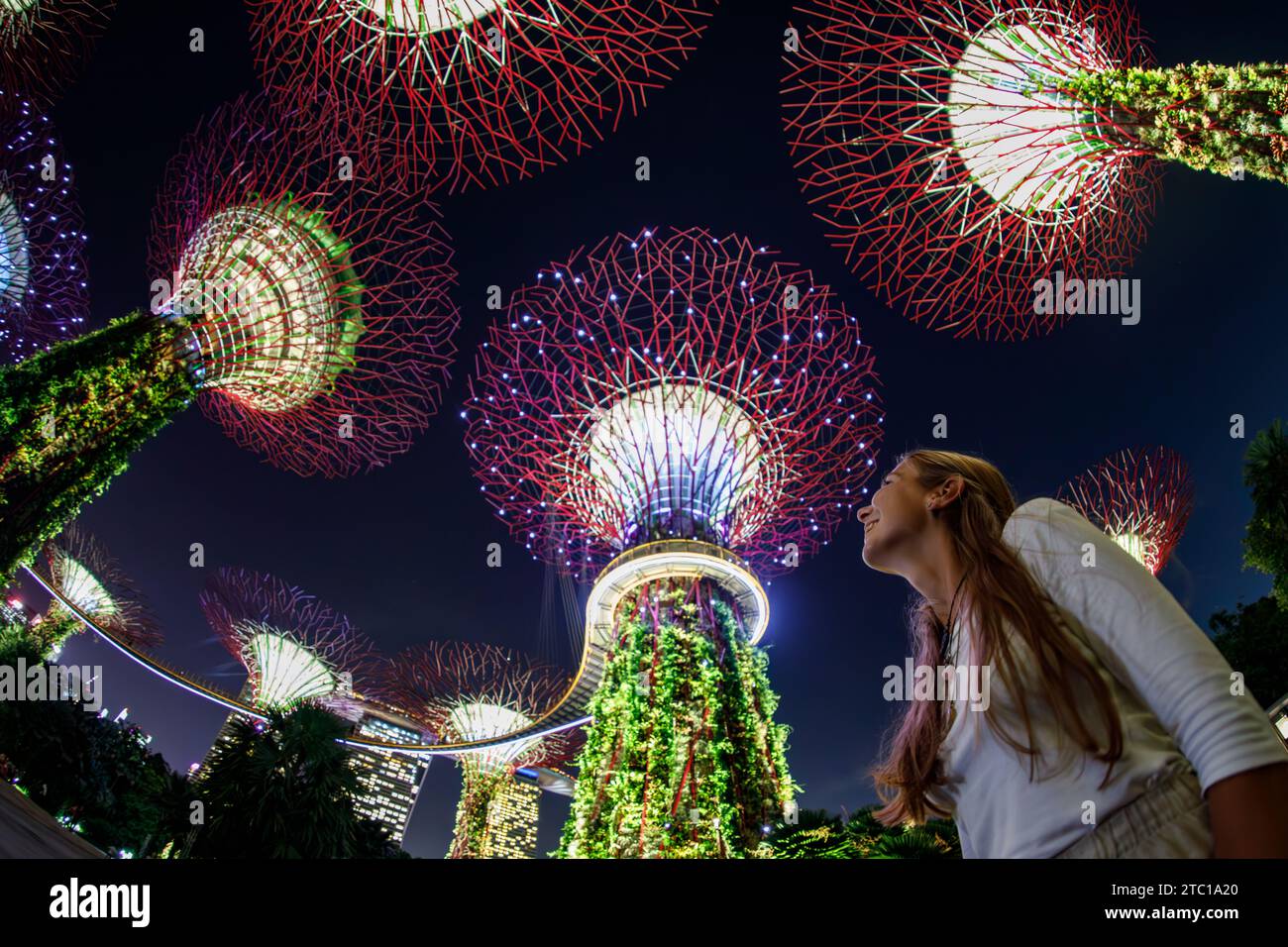 Portrait of young European woman enjoying the night light show Garden ...
