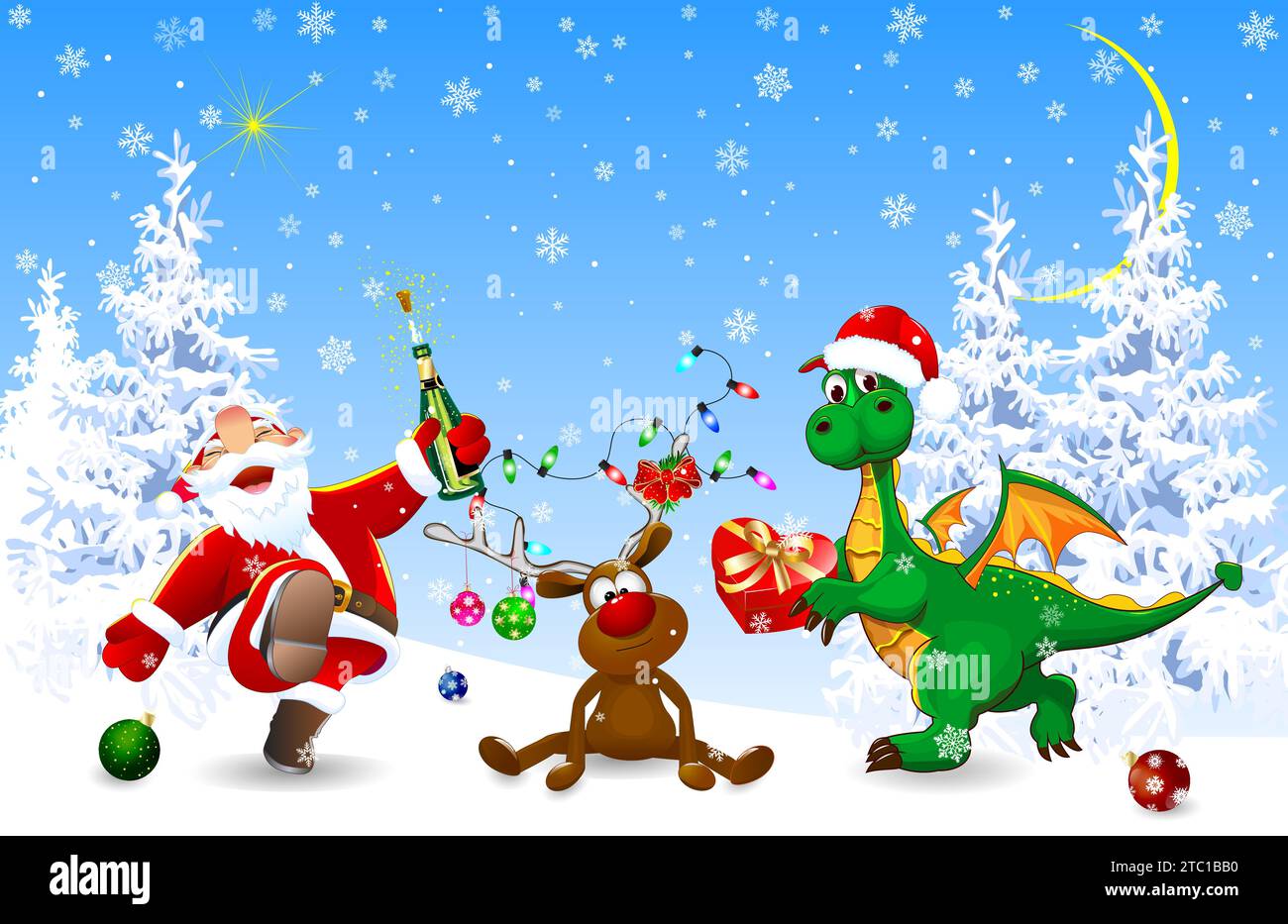 Santa, deer, and dragon celebrate Christmas in the winter forest ...