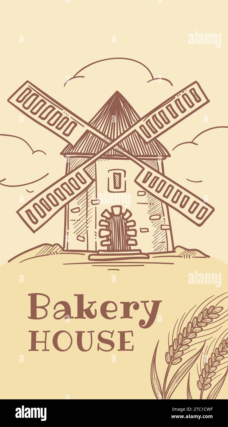 Bakery house, field in village with mill vector Stock Vector Image ...