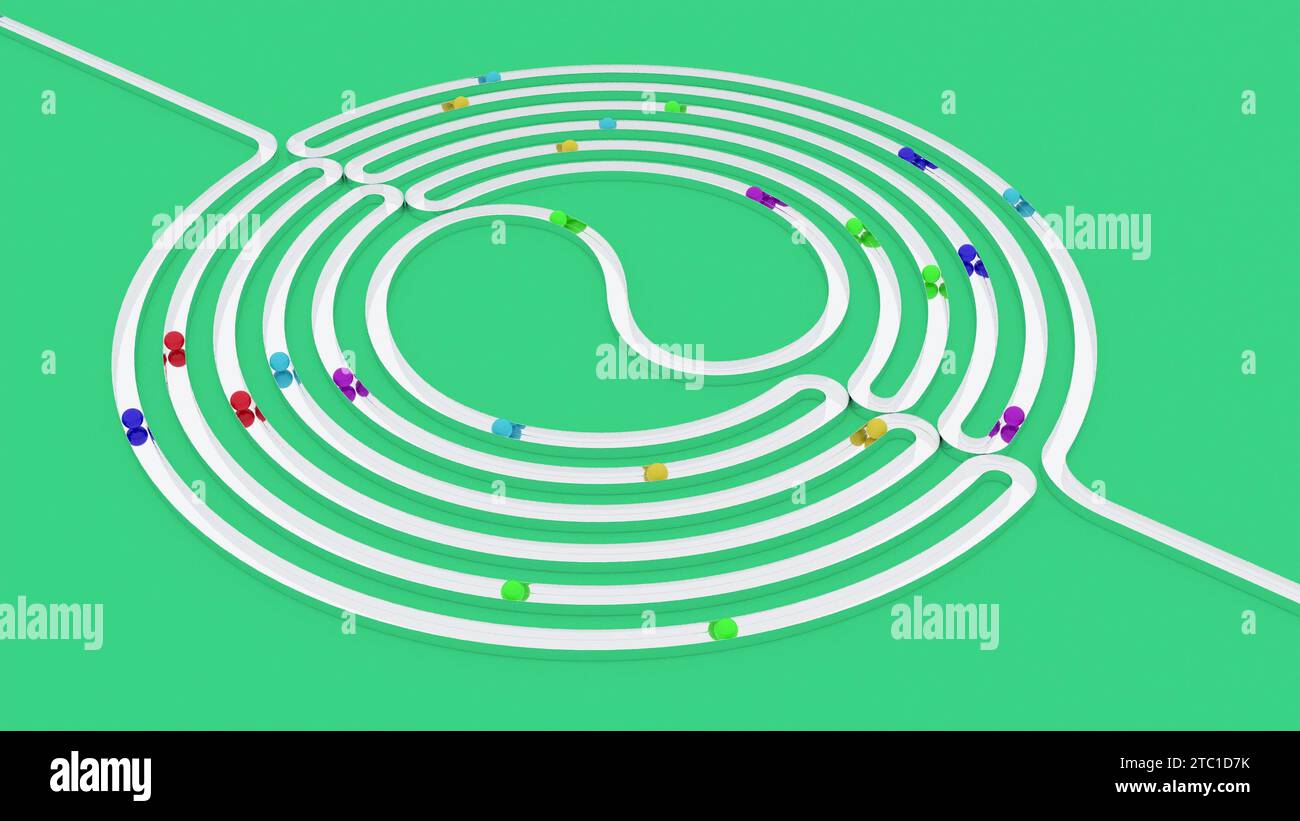 Minimalistic graphics color Balls move in a circle track 3d render ...