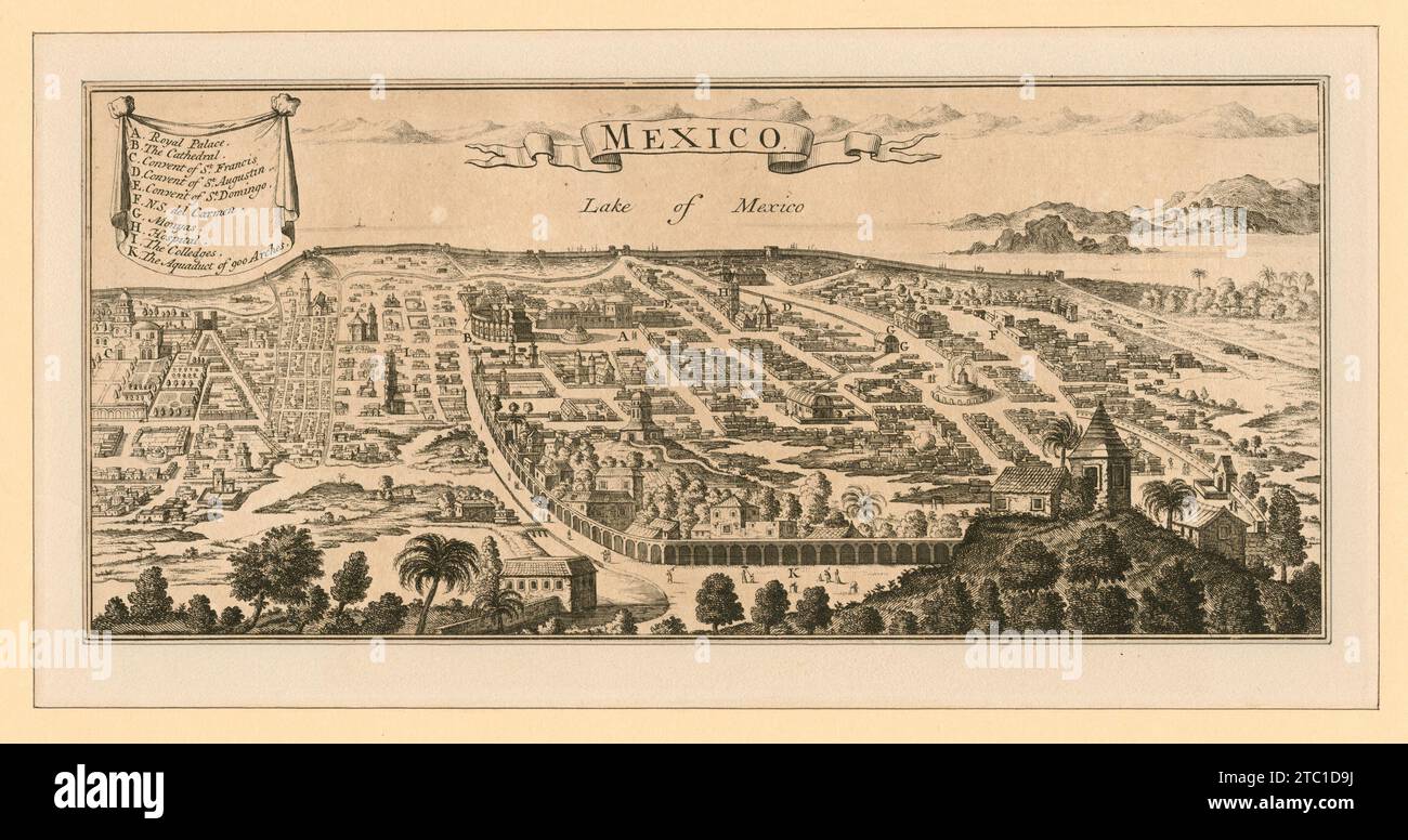 Bird's-eye panoramic view map of Mexico City, ca. 1700 - 1888 Stock ...