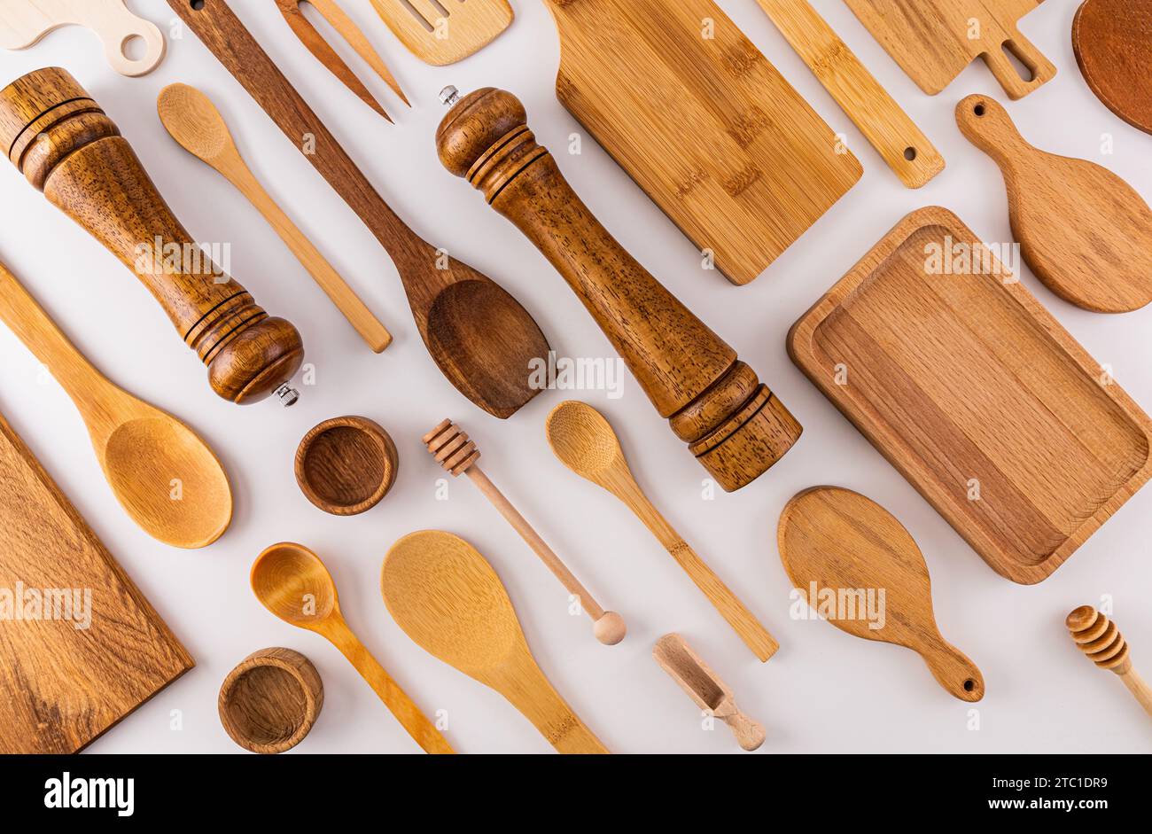 Kitchen wooden utensils, cooking tools on white background. Flat ...