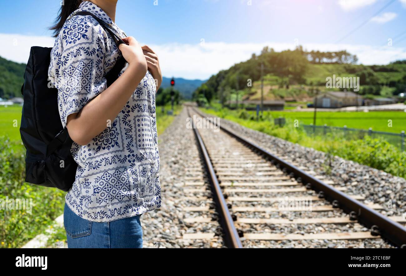woman traveling on train railroad Stock Photo - Alamy