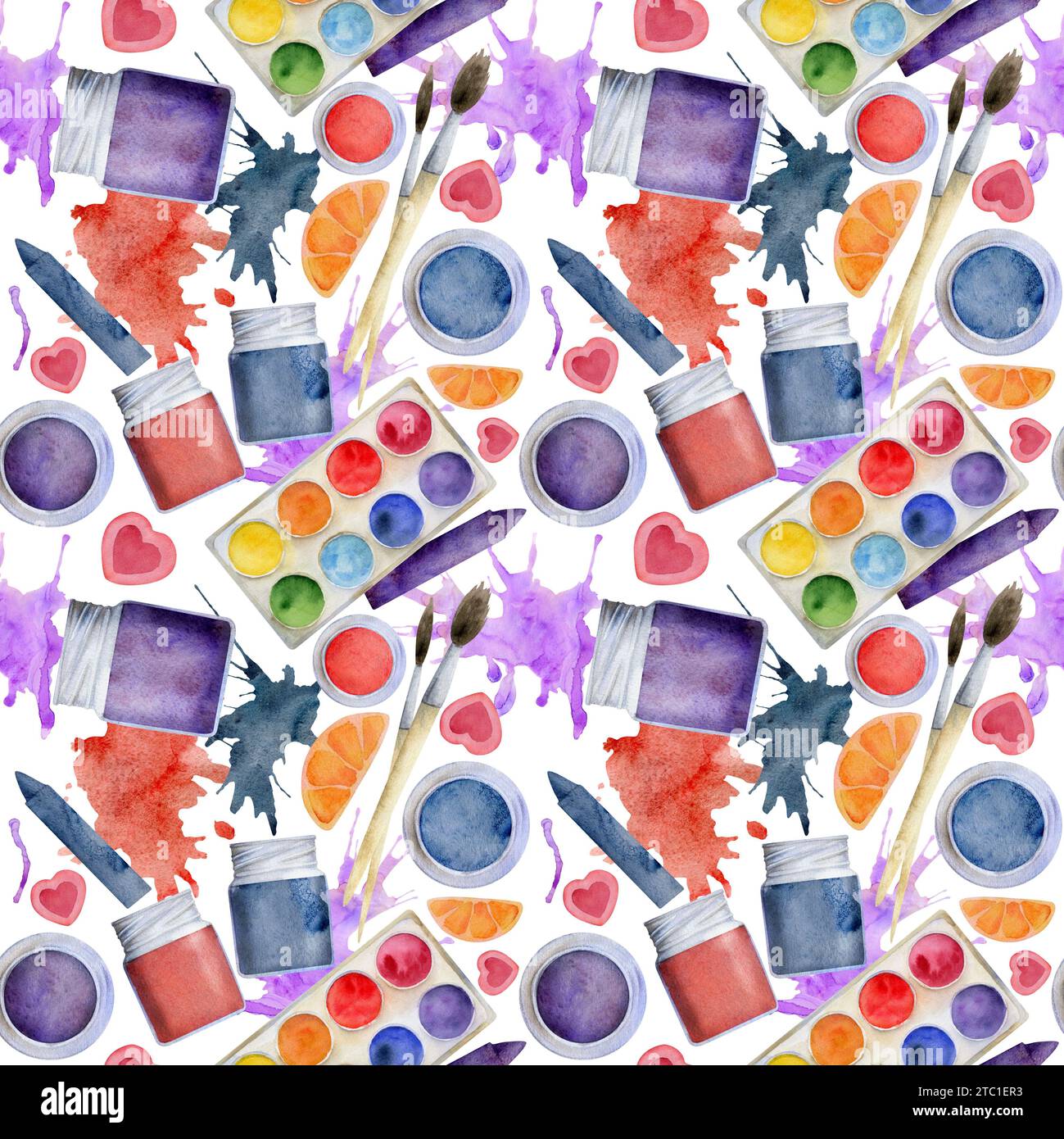 Watercolor hand drawn illustration, kids children painting materials ...