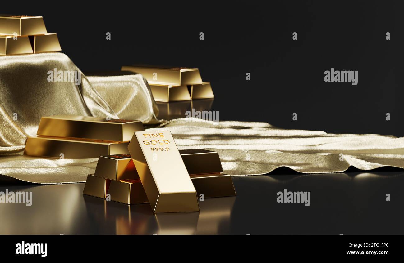 Stacked Gold bars placed on glossy background 3D rendering soft focus Stock Photo - Alamy