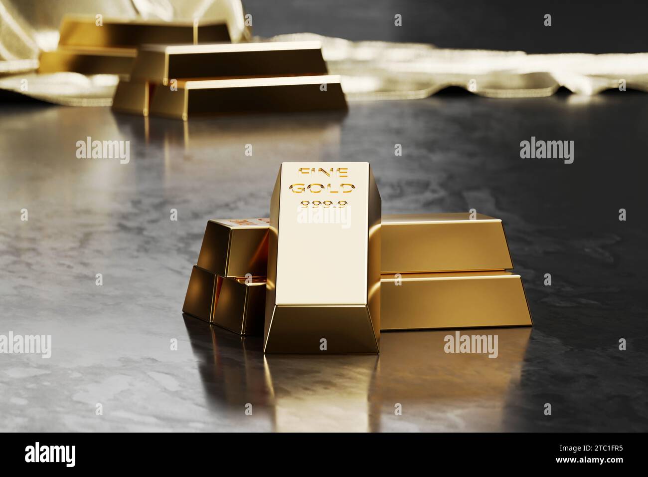 Stacked Gold bars placed on glossy background 3D rendering soft focus Stock Photo - Alamy