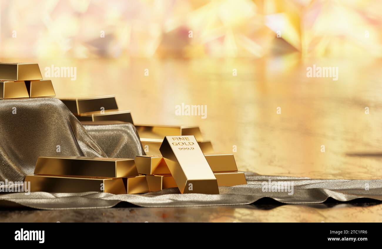 Stacked Gold bars placed on glossy background 3D rendering soft focus Stock Photo - Alamy