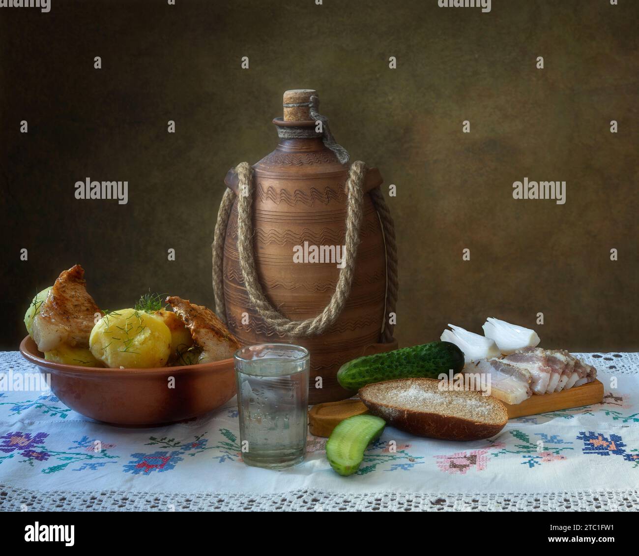 Kitchen still life with grilled pork and potatoes Stock Photo - Alamy