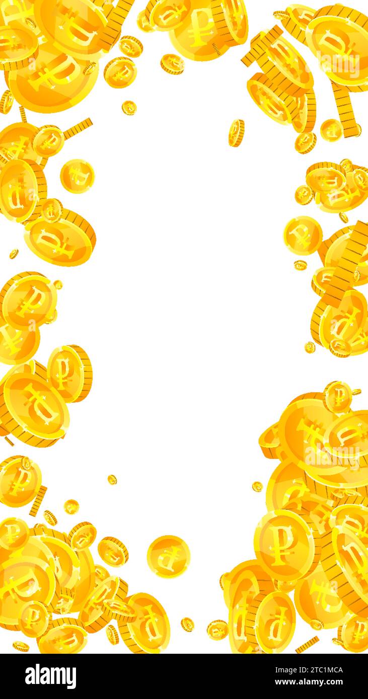 Russian ruble coins falling. Scattered gold RUB coins. Russia money ...