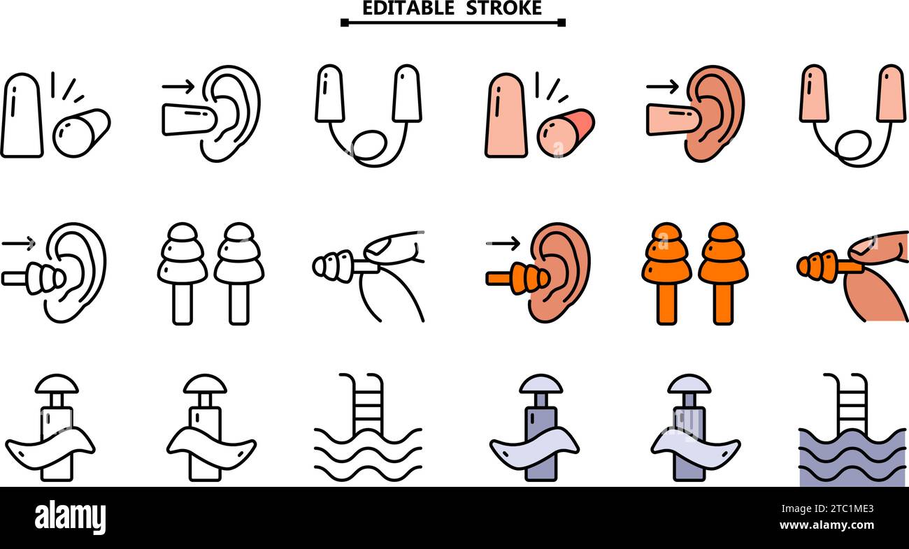Earplugs icons set color vector. Editable stroke. Anti-noise device ...