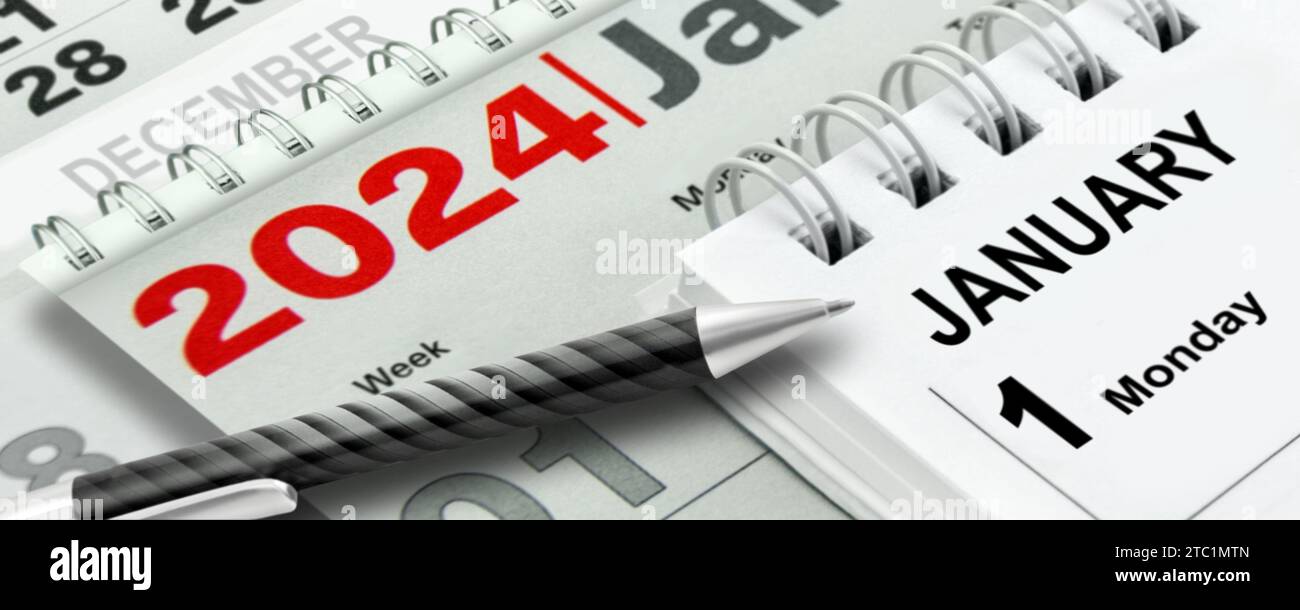 Calendar 2024 January 1 Monday and pencil Stock Photo - Alamy