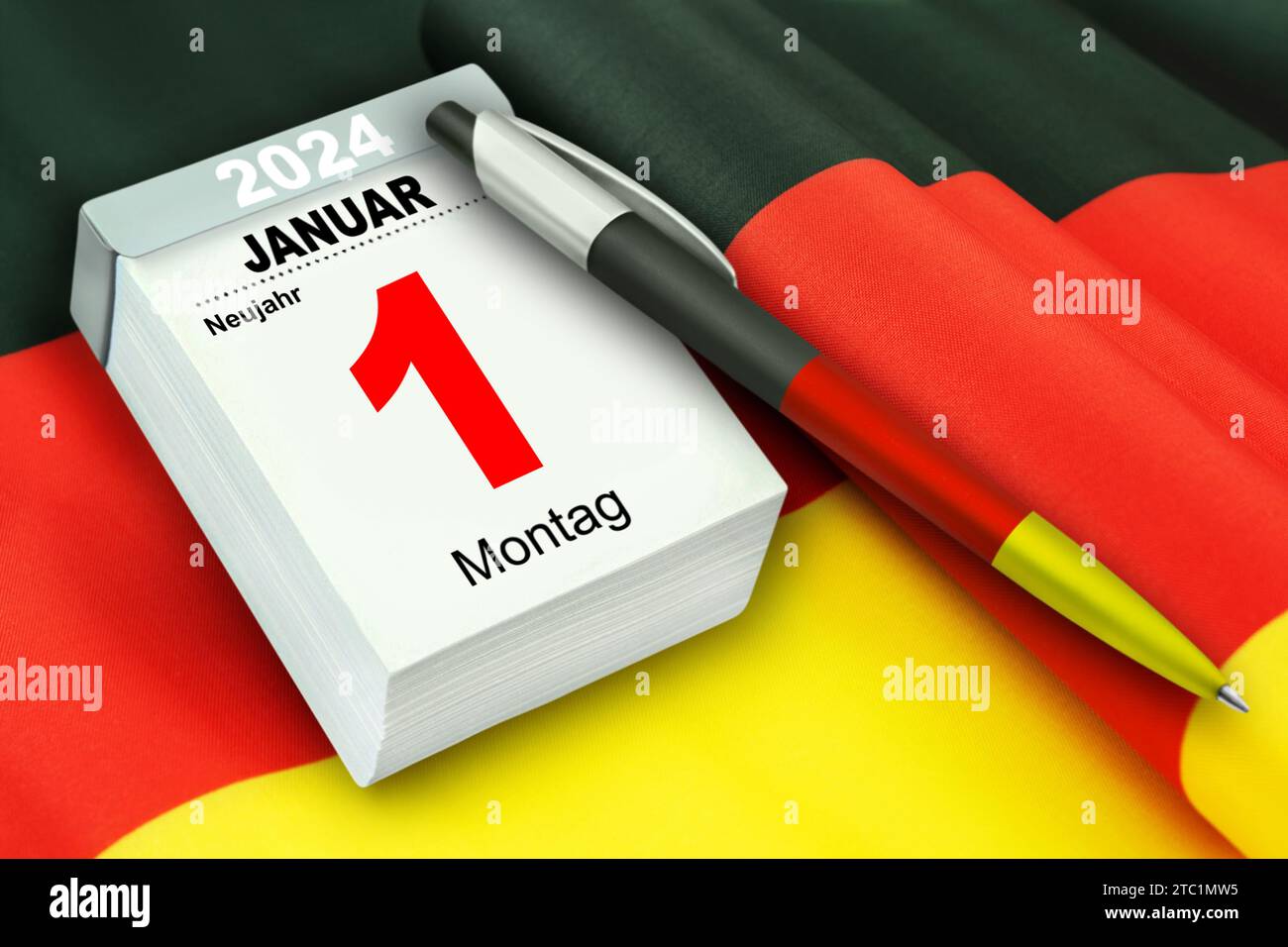 Calendar 2024 January 1 Monday New Year and German flag black red gold ...