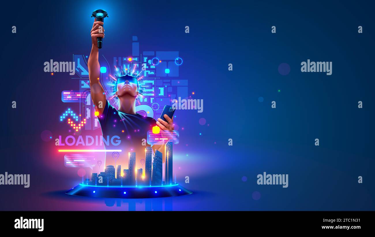 VR metaverse. Virtual reality video game. VR and AR technology concept. Man wearing 3d VR ...