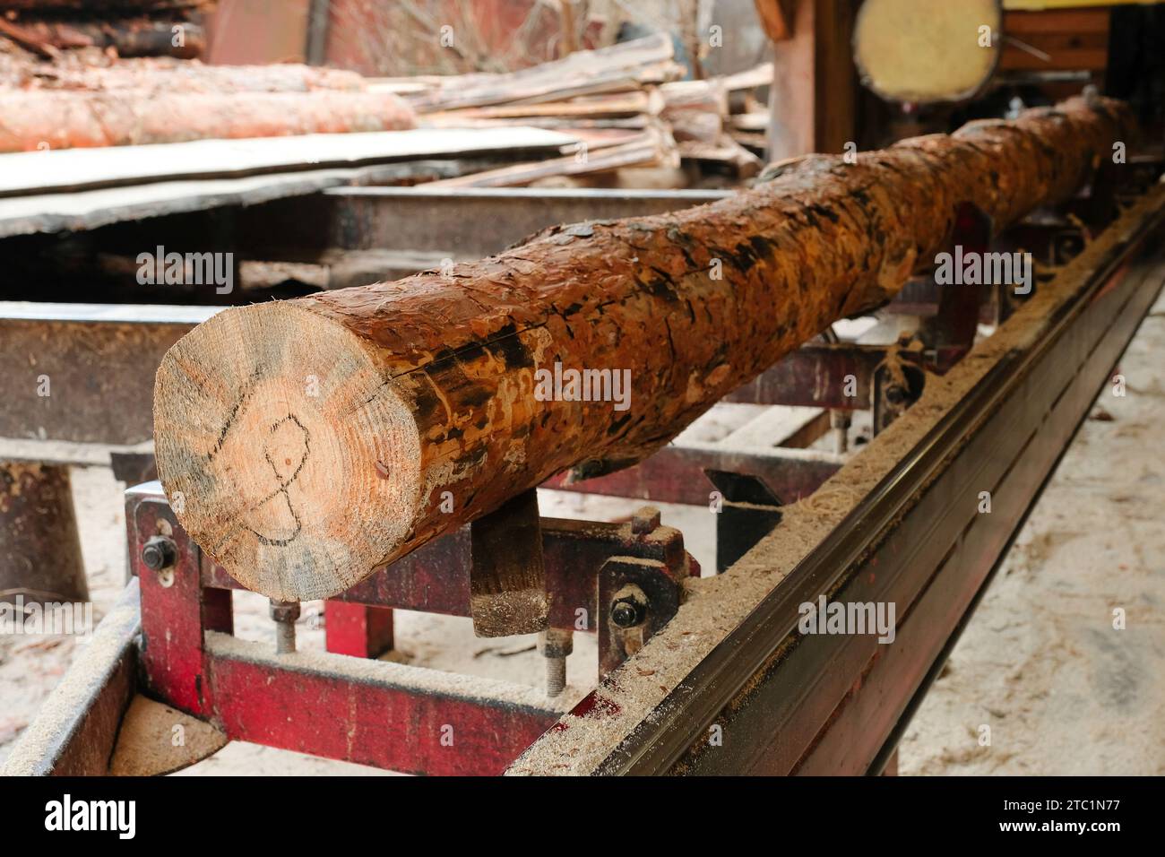 Industrial sawing of logs on sawmill equipment Stock Photo - Alamy