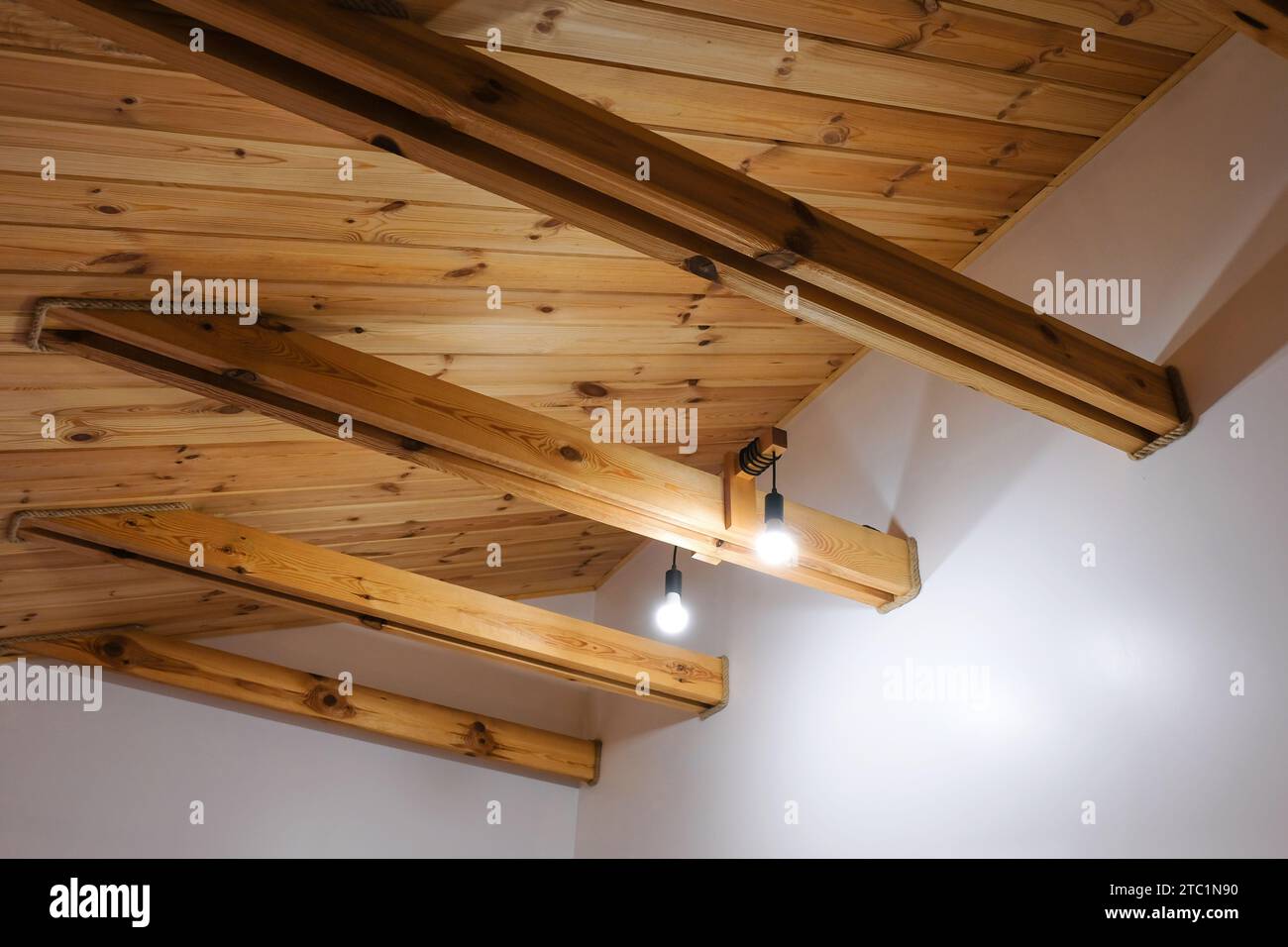 Wooden ceiling in perspective for background. Wooden ceiling details in ...