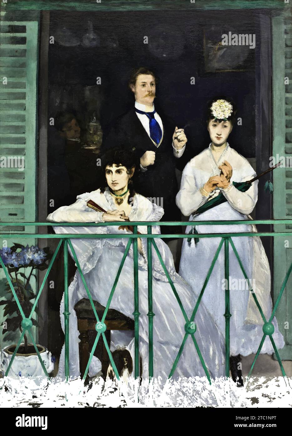 Balcony Two young women holding a fan and an umbrella and a man with a ...