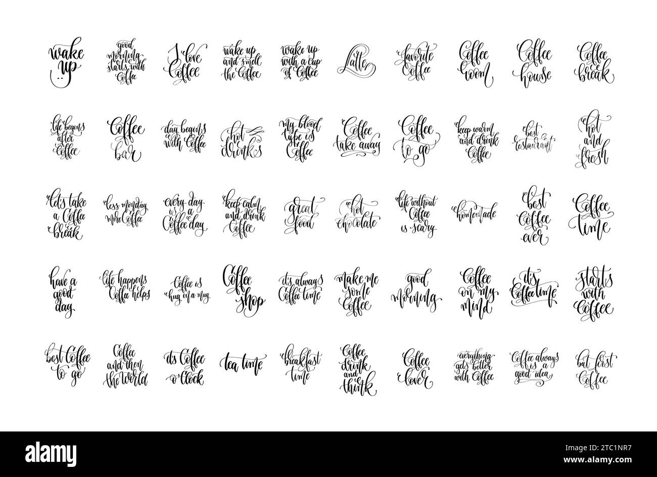 set of 50 hand lettering inscription about coffee time, calligraphy ...